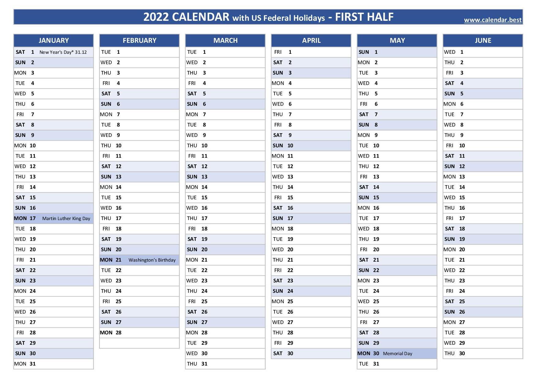 2022 Calendar With Holidays US Federal Holidays 