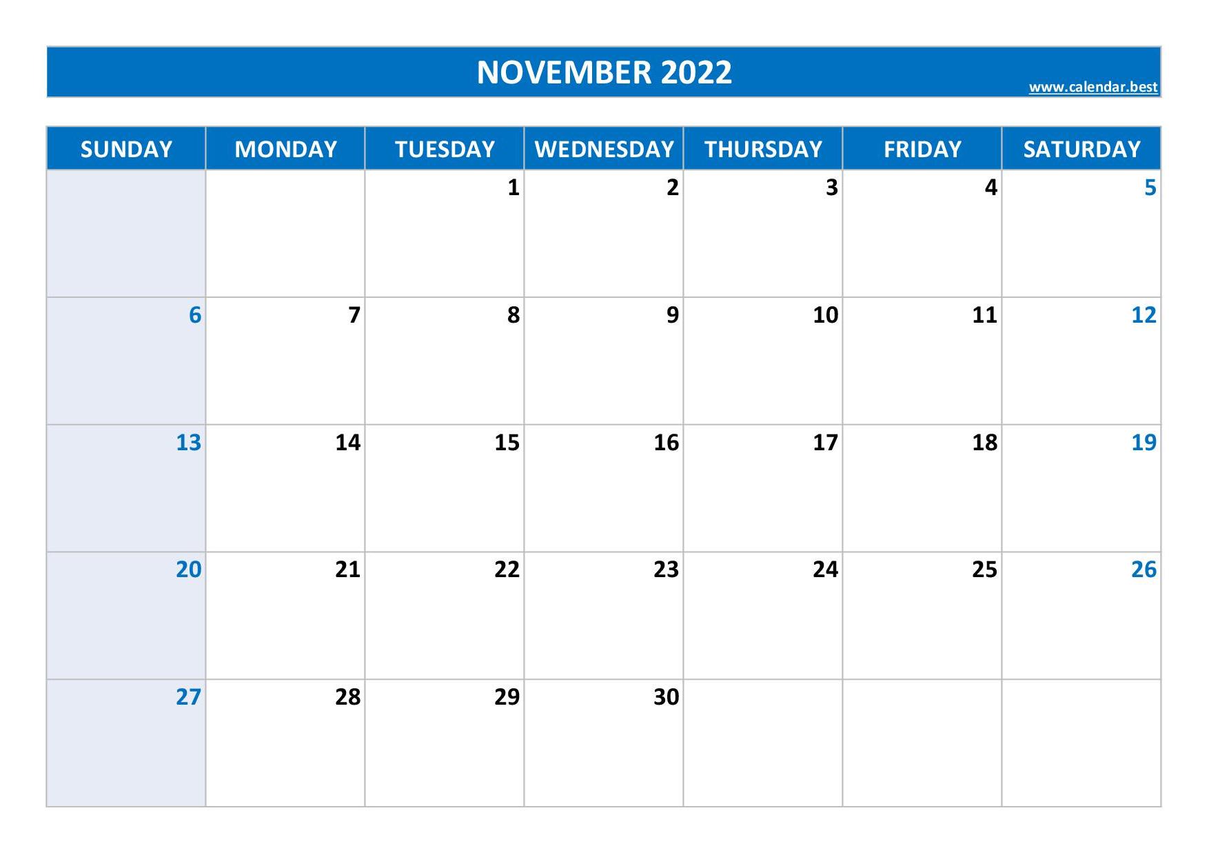 November 2022 Calendar Printable Landscape November 2022 Calendar Printable Landscape